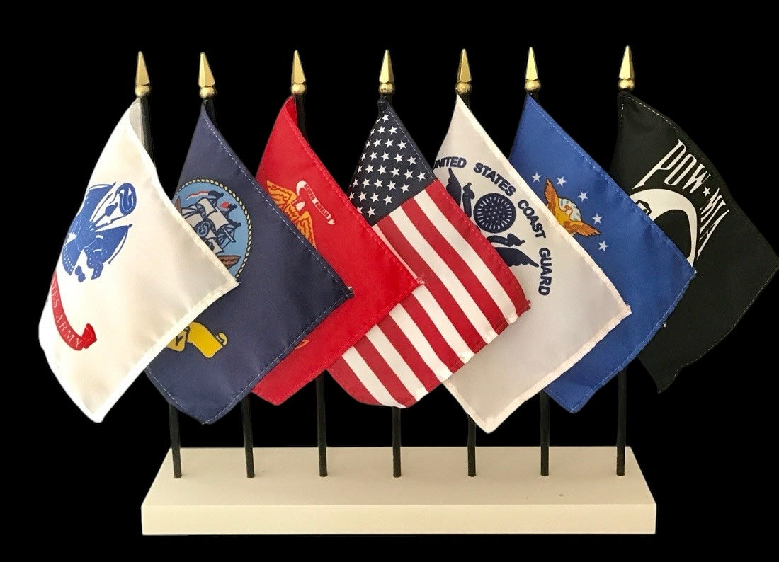 US Military Mini Set - 7 Flags with POW/MIA & 7 Hole White Stand ...